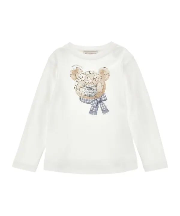 Monnalisa Rhinestone Embellished Bear Print Long Sleeve T-shirt