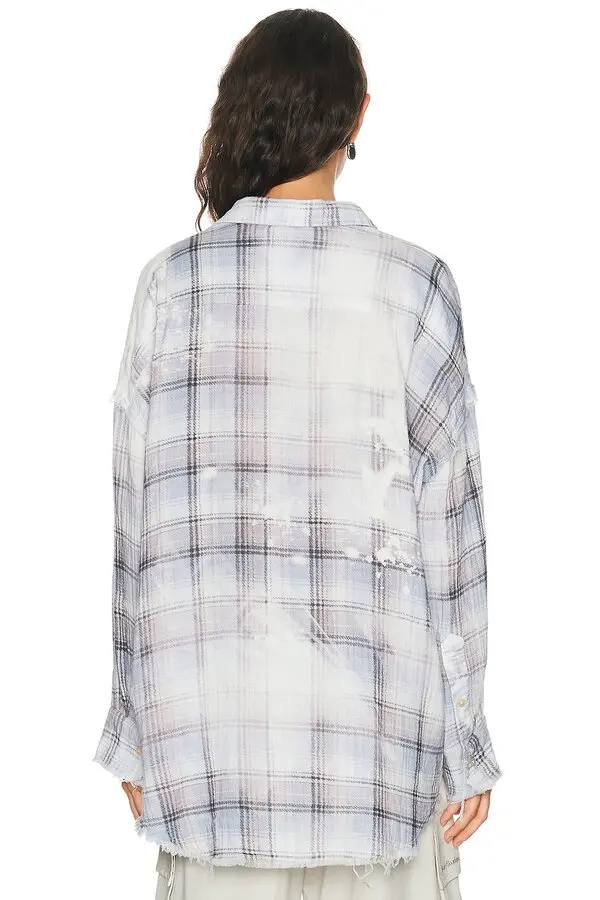 R13 Shredded Seam Drop Neck Shirt - Blue Bleached Plaid