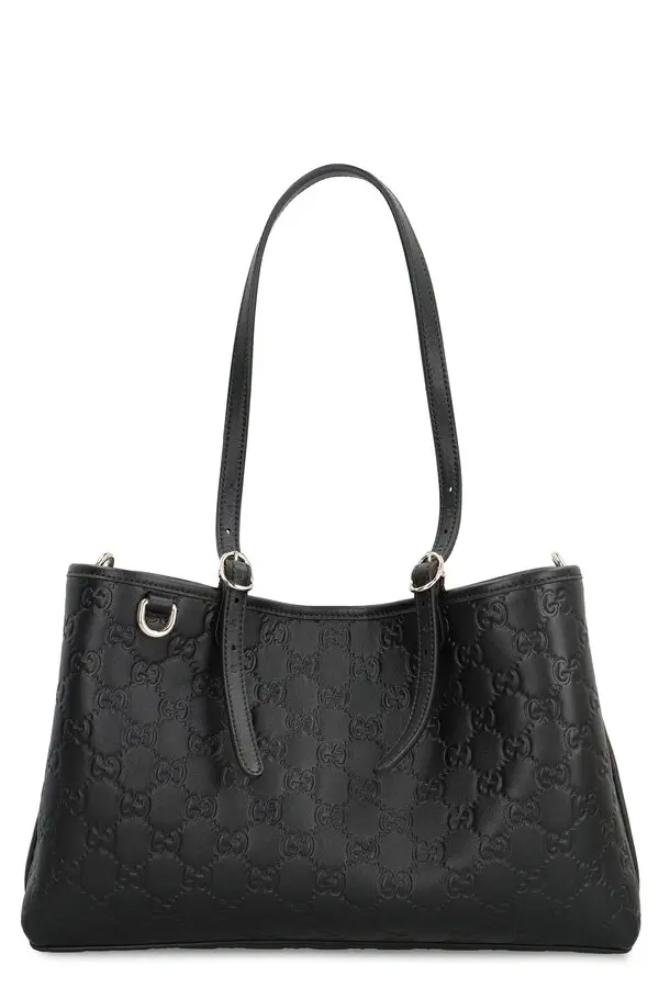 Gucci Gg Emblem Leather Shopping Handbag - Black