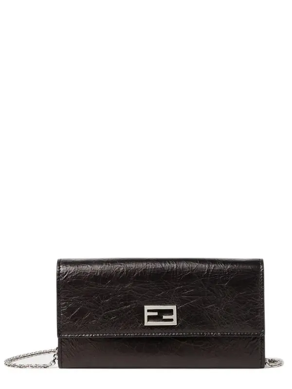 Fendi Continental Tube Wallet With Front Flap, Metal Ff Baguette Logo & Removable Chain Strap - Nero