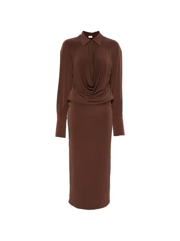 Andamane Pointed-collar Deep V-neck Long-sleeve Dress With Oversized Button Cuffs - Marrone