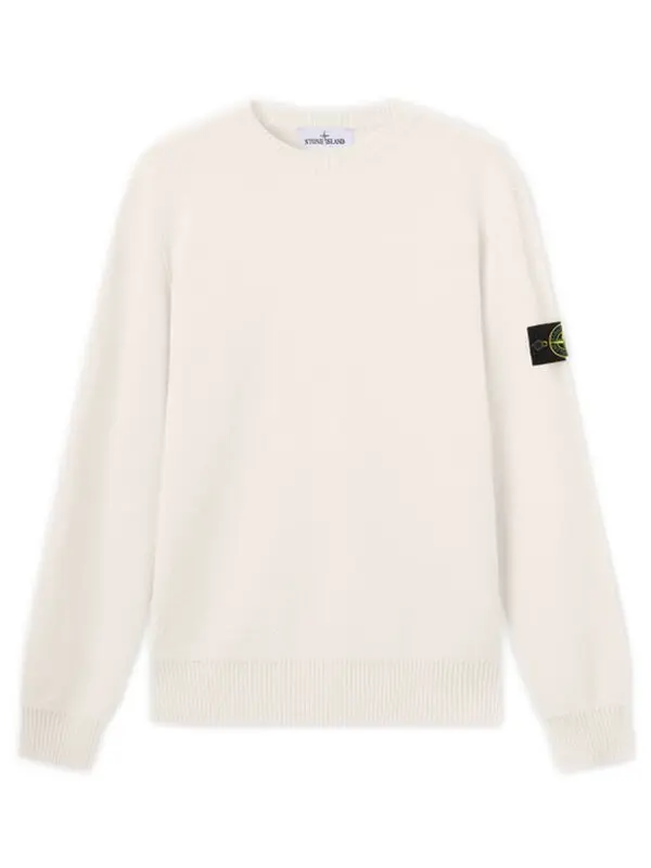 Stone Island Ribbed Virgin Wool Crewneck Sweater With Sleeve Badge - Bianco