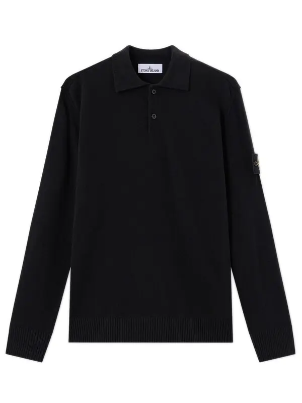 Stone Island Style Polo Sweater With Button Front, Virgin Wool, Ribbed Cuffs & Hem