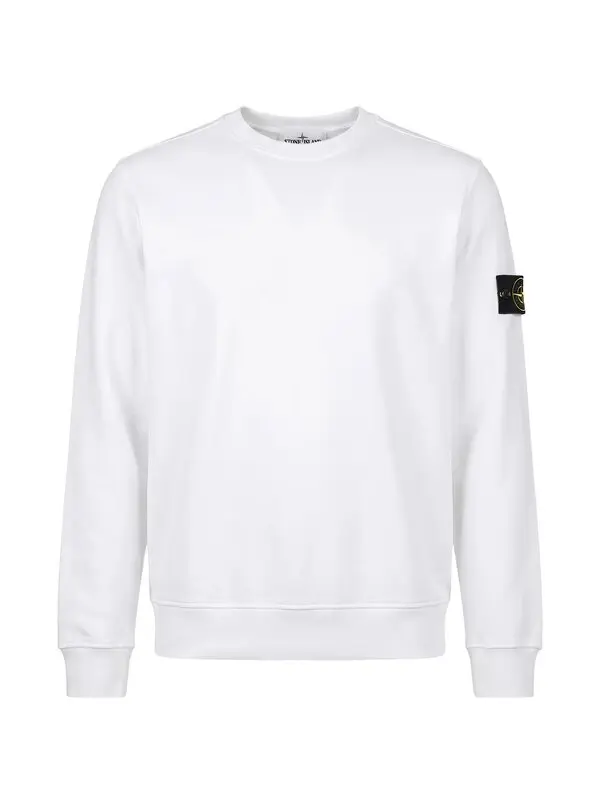 Stone Island Style Cotton Fleece Crewneck Sweatshirt With Left Sleeve Badge - Bianco