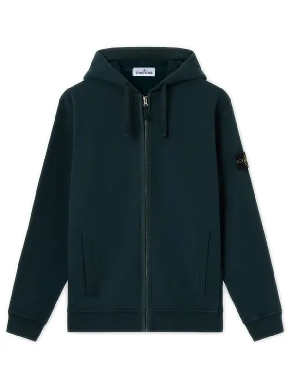 Stone Island Hooded Zip Sweatshirt With Adjustable Drawstring, Front Pockets & Ribbed Trim