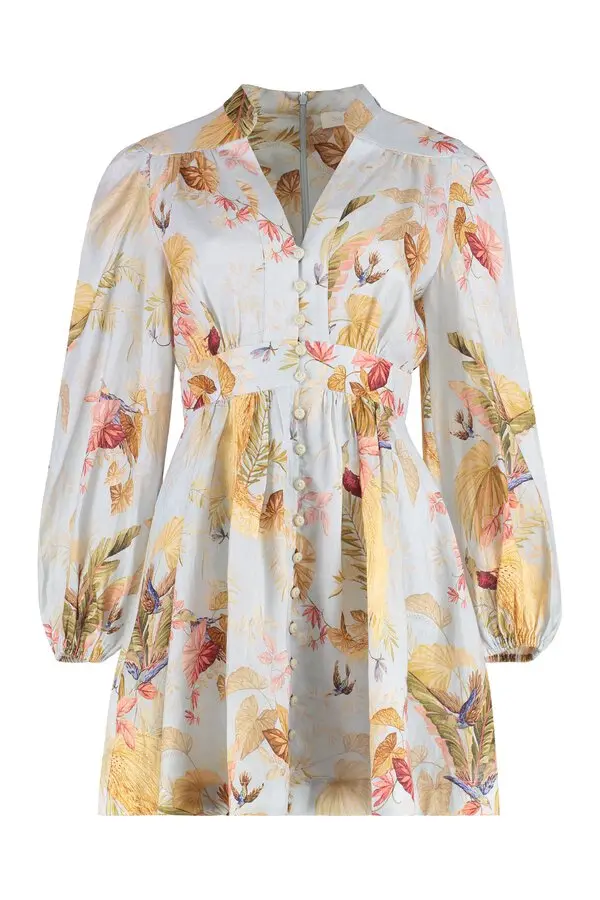 Zimmermann Ascension Plunge Printed Linen Dress With Balloon Sleeves - Multicolor