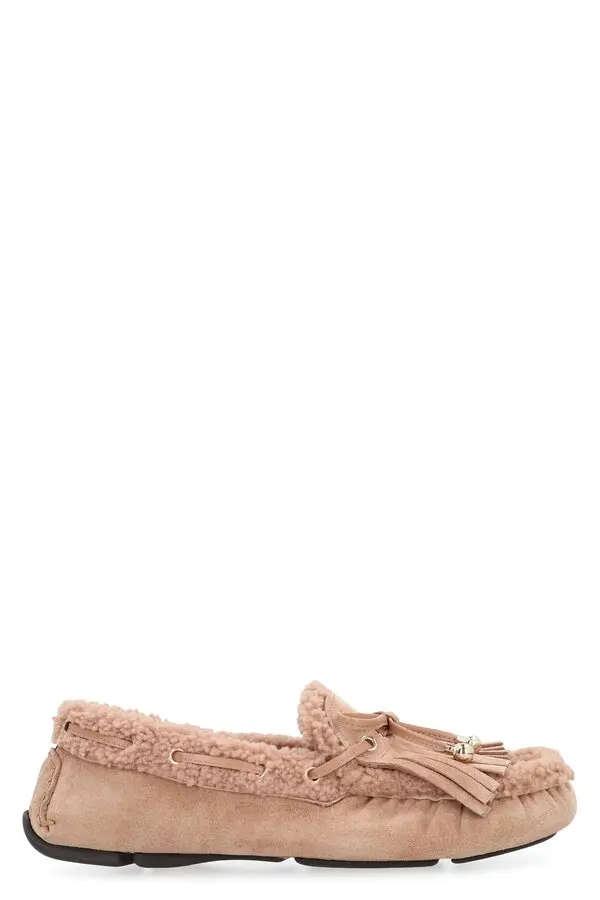 JIMMY CHOO Suede Shearling Lined Moccasins With Metal Eyelets - Brown