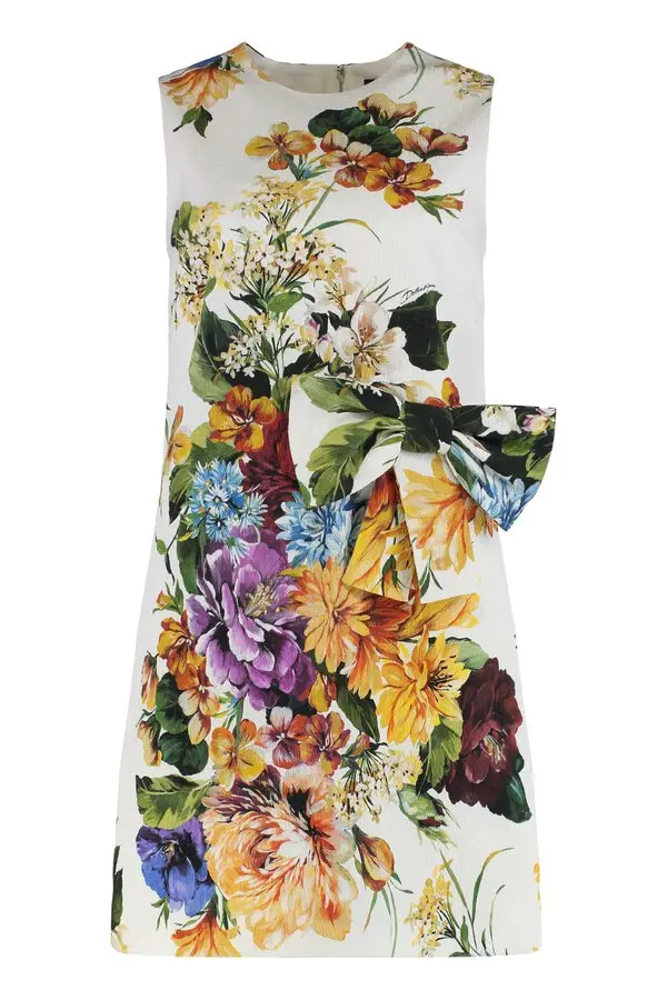 Dolce & Gabbana Sleeveless Floral Print Tapered Dress With Decorative Bow - Multicolor