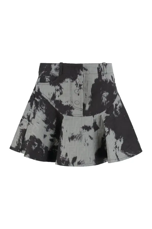 Fendi Ff Jacquard Denim Flared Mini Skirt - Grey