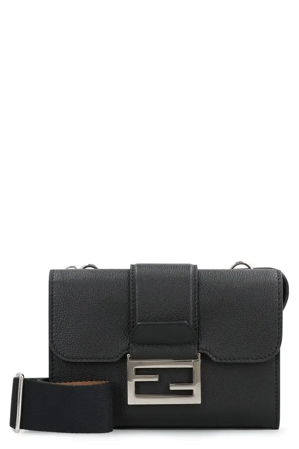 Fendi Pebbled Calfskin Mini Baguette Double Leather Crossbody Bag, 19cm - Black