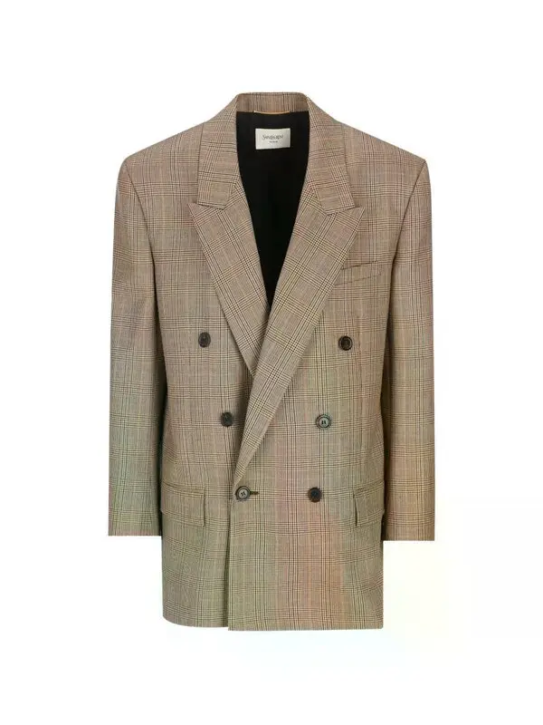 Saint Laurent Double-breasted Jacket In Prince Of Wales Puppytooth Wool - Brown