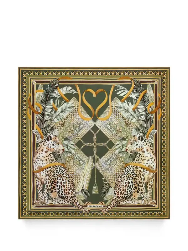 FERRAGAMO Feline-print Silk Foulard Scarf - Green