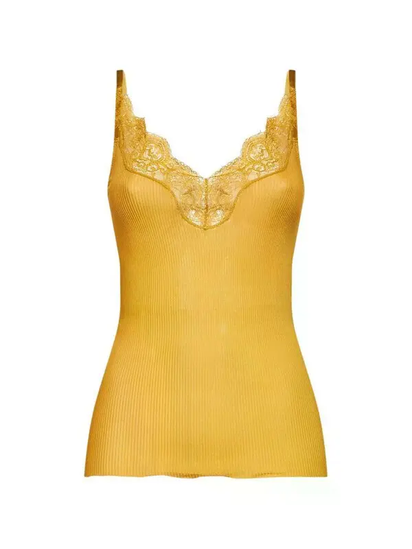 Saint Laurent Ribbed Silk Lace Trim Tank Top - Yellow