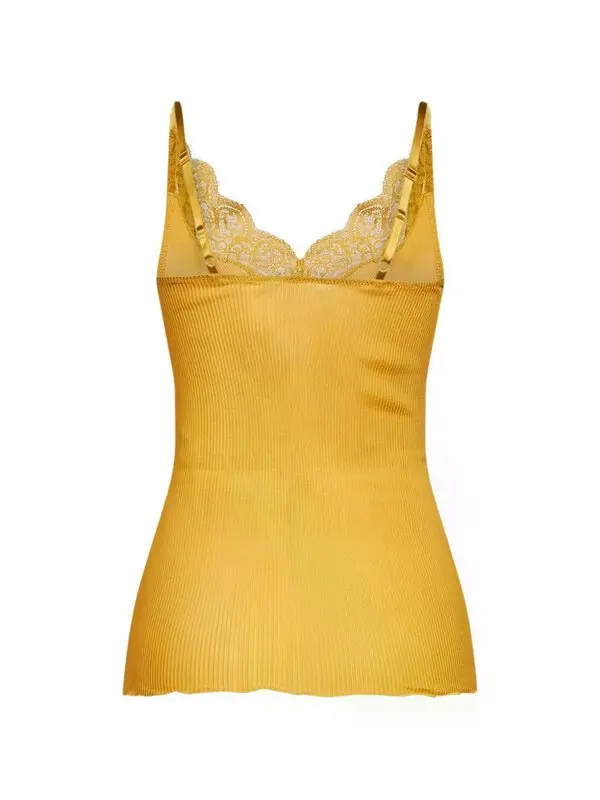 Saint Laurent Ribbed Silk Lace Trim Tank Top - Yellow
