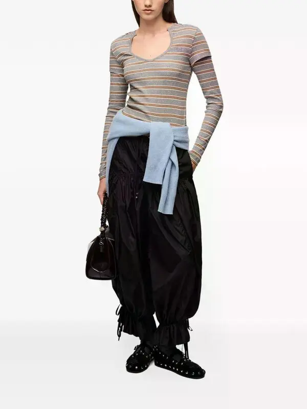 GANNI Striped Cut-out V-neck Long Sleeve Top