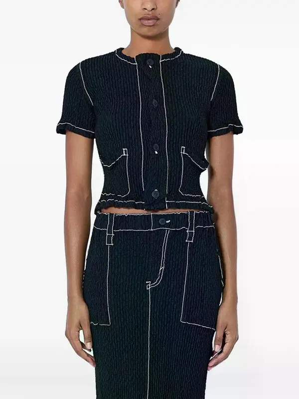 Issey Miyake Wavelet Crinkle-textured Contrast-stitch Top - Black