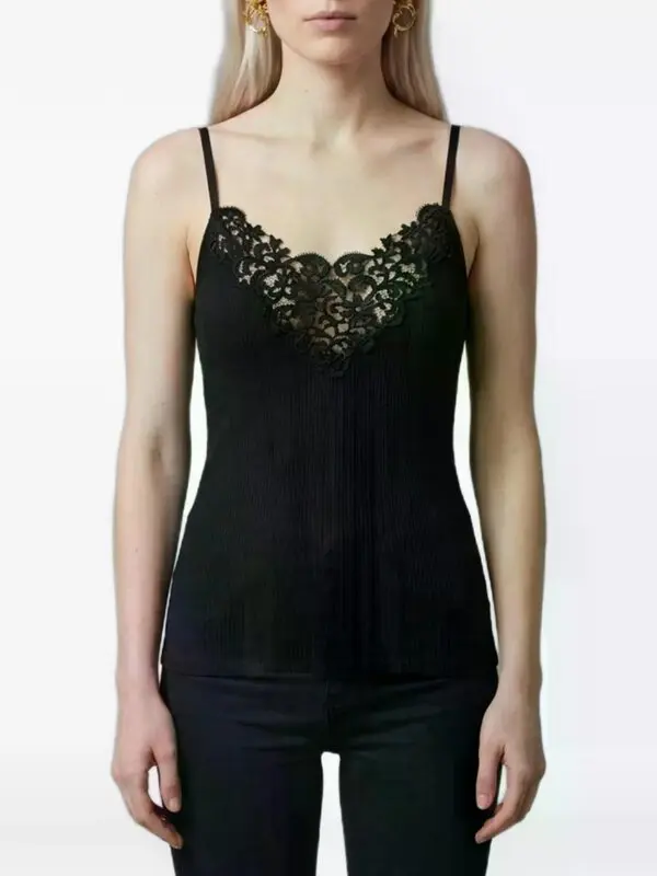 Saint Laurent Ribbed Silk Knit Guipure Tank Top - Black