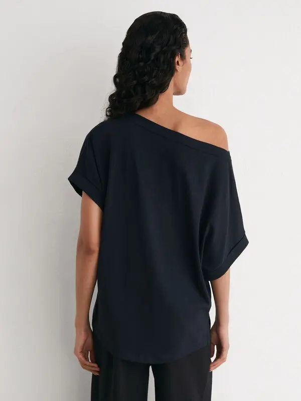 REISS Sia Cotton Off-shoulder T-shirt - Navy