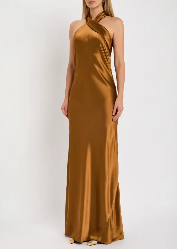 Galvan Pandora Scarf-neck Satin Gown