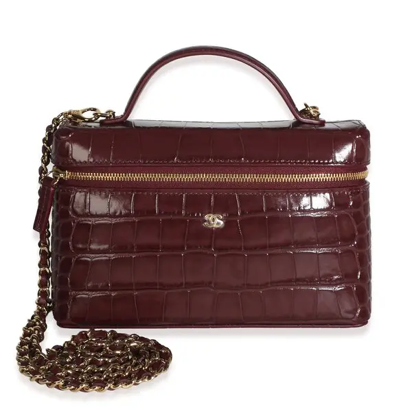 Chanel Dark Burgundy Crocodile Embossed Calfskin Vanity With Chain - Red