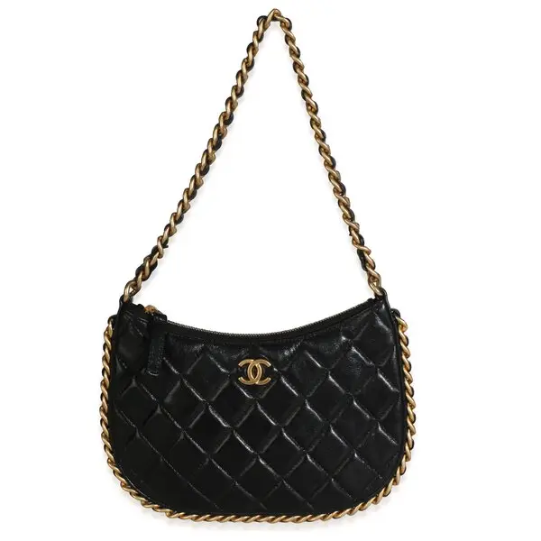 Chanel Shiny Quilted Lambskin Cc Chain Around Hobo - Black