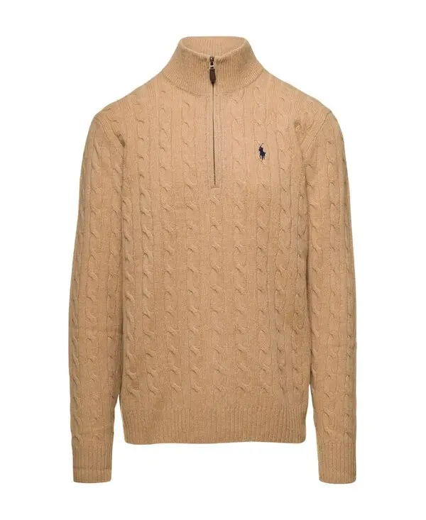 Polo Ralph Lauren Cable-knit Quarter-zip Jumper With Embroidered Pony - Nude