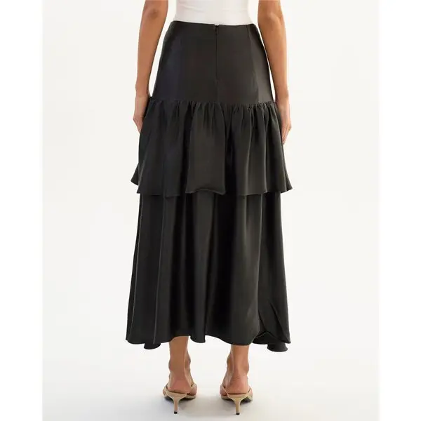 LAMARQUE Chalina Ruffle Satin Midi Skirt - Black