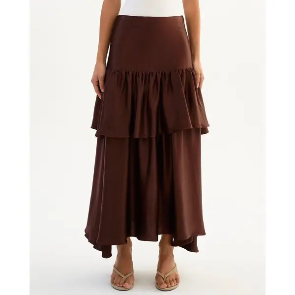 LAMARQUE Chalina | Ruffle Satin Midi Skirt - Brown
