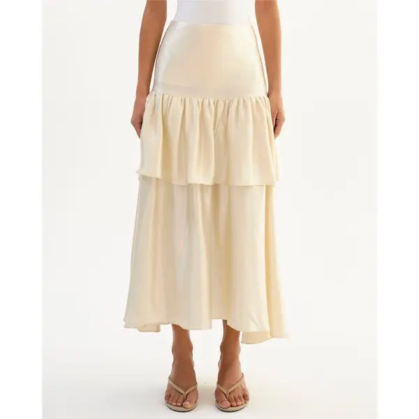 LAMARQUE Chalina Ruffle Satin Midi Skirt - Cream