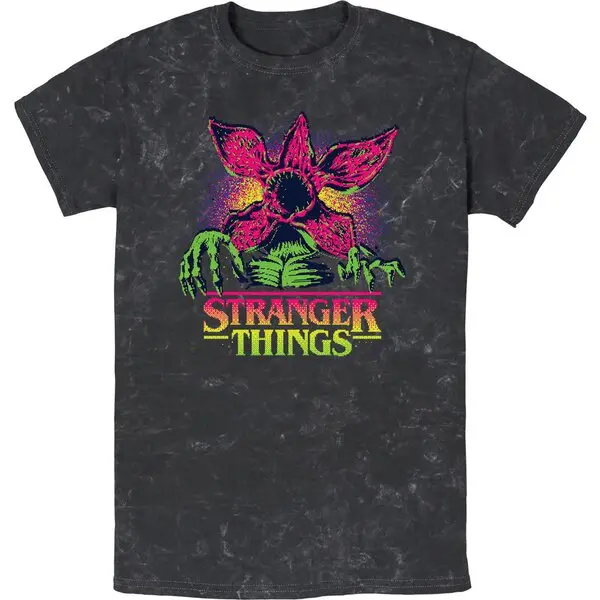 STRANGER THINGS Demogorgon Neon Pixel Logo Short Sleeve Graphic T-shirt - Black