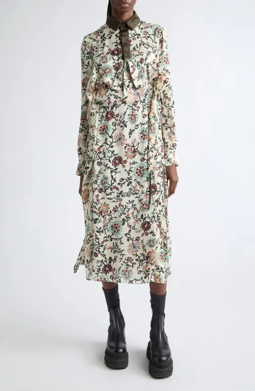 Sacai Floral Print Long Sleeve Cotton Shirtdress - Ivory