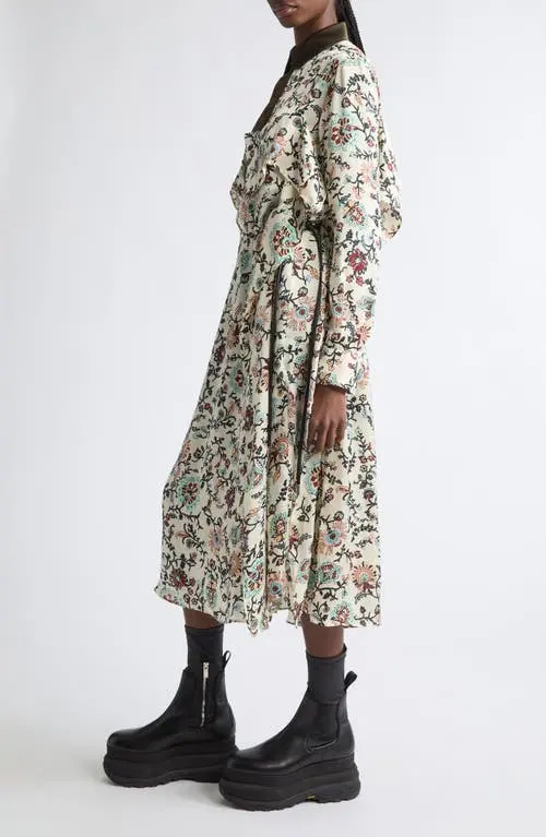 Sacai Floral Print Long Sleeve Cotton Shirt Dress With Contrast Trim