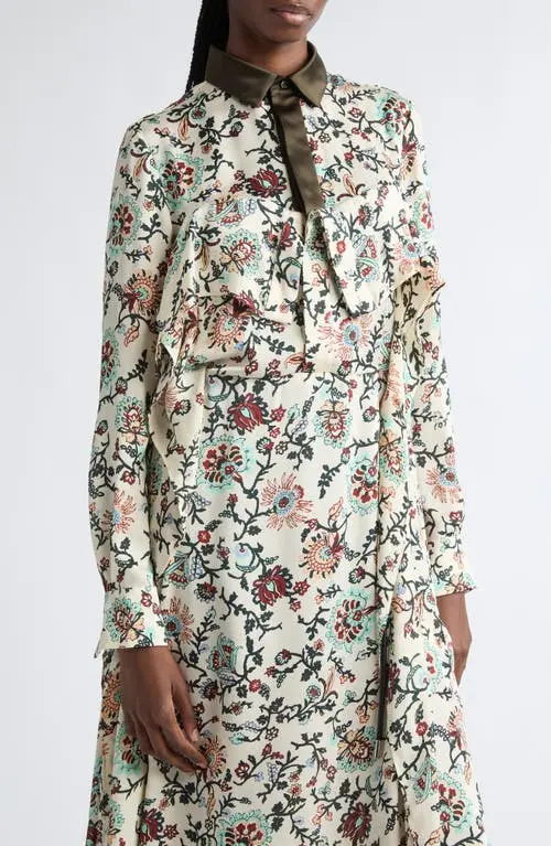 Sacai Floral Print Long Sleeve Cotton Shirt Dress With Contrast Trim