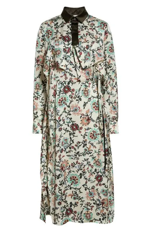 Sacai Floral Print Long Sleeve Cotton Shirt Dress With Contrast Trim