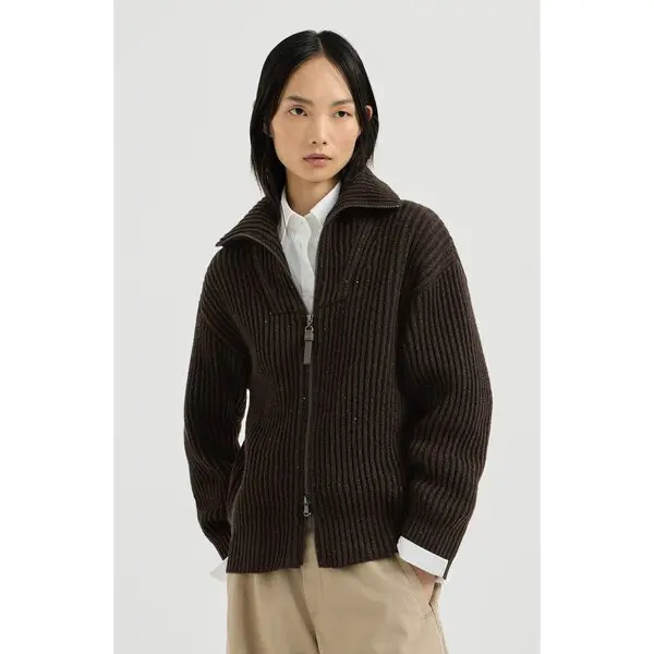 Brunello Cucinelli Sparkling & Dazzling Cashmere And Wool Ribbed Cardigan With Shiny Zipper Pull - Coffee