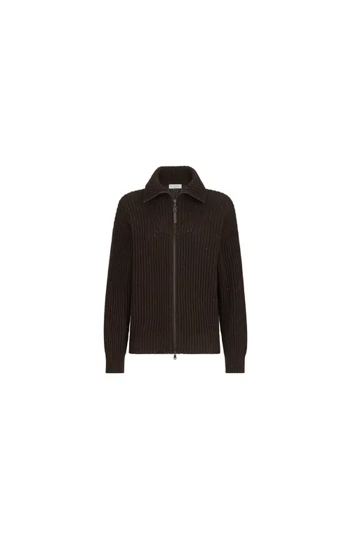 Brunello Cucinelli Ribbed Zippered Cardigan With Sequin Embellishments - Coffee