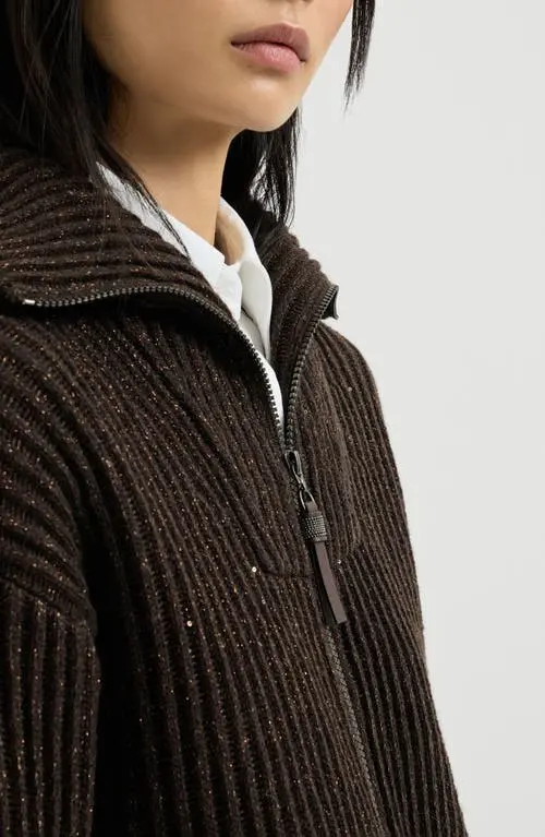 Brunello Cucinelli Ribbed Zippered Cardigan With Sequin Embellishments - Coffee