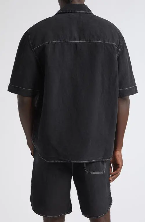 Amiri Script Garment Dyed Short Sleeve Linen Blend Button-up Shirt