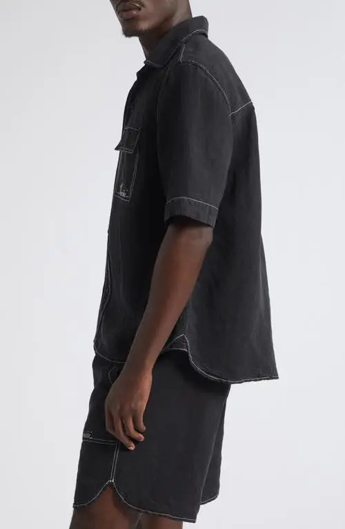 Amiri Script Garment Dyed Short Sleeve Linen Blend Button-up Shirt