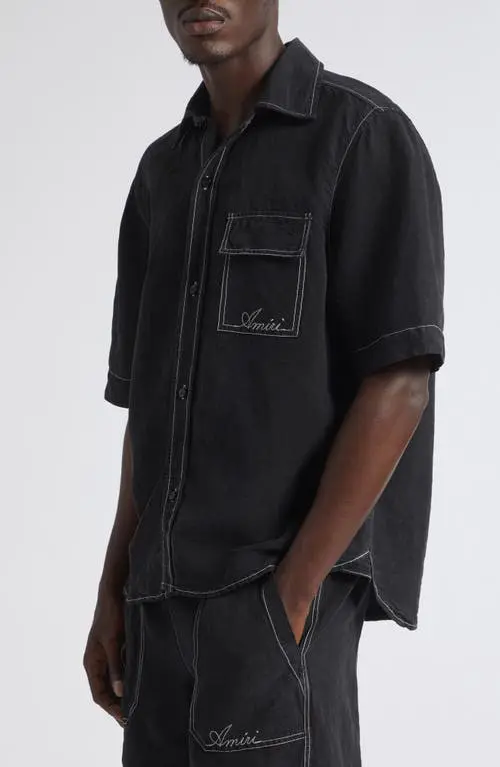 Amiri Script Garment Dyed Short Sleeve Linen Blend Button-up Shirt