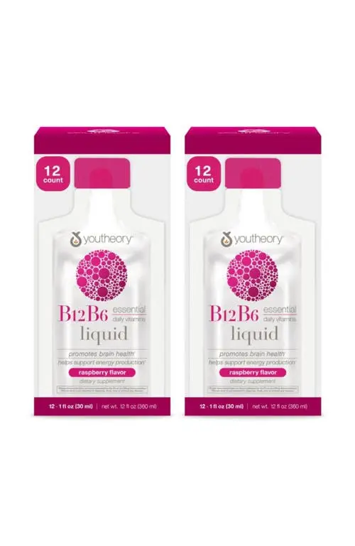 YOUTHEORY Vitamin B12 B6 Daily Energy And Brain Support Supplement Liquid Raspberry 12 Count 1oz - None