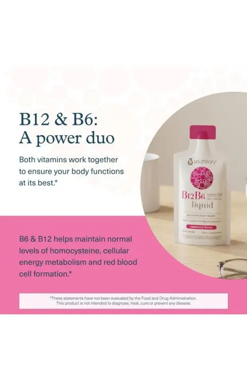 YOUTHEORY Vitamin B12 B6 Daily Energy And Brain Support Supplement Liquid Raspberry 12 Count 1oz