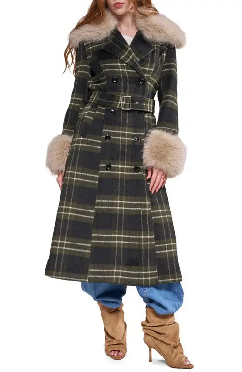 AZALEA WANG Plaid Faux Fur Trim Trench Coat