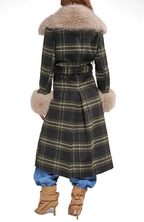 AZALEA WANG Plaid Faux Fur Trim Trench Coat