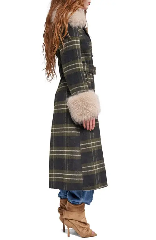 AZALEA WANG Plaid Faux Fur Trim Trench Coat