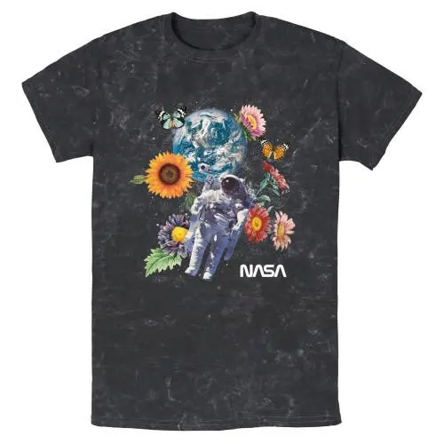 NASA Floral Astronaut In Space Short Sleeve Graphic T-shirt - Black