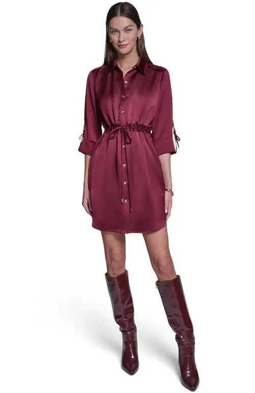 Halston 3/4 Sleeve Satin Shirt Dress - Garnet Glow
