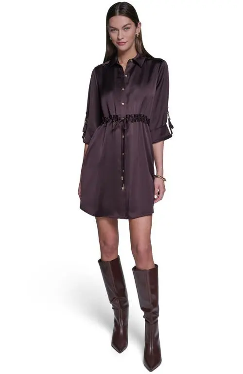 Halston 3/4 Sleeve Satin Shirt Dress - Rich Mocha