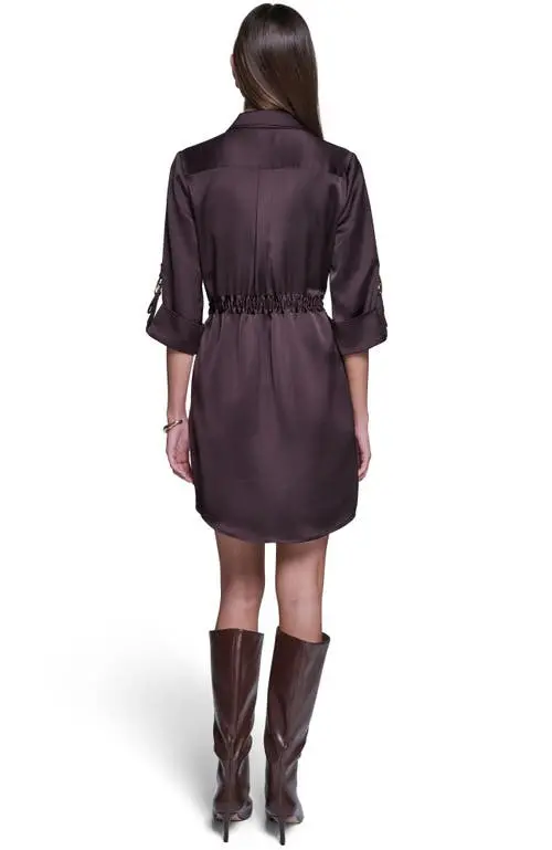 Halston 3/4 Sleeve Satin Shirt Dress - Rich Mocha