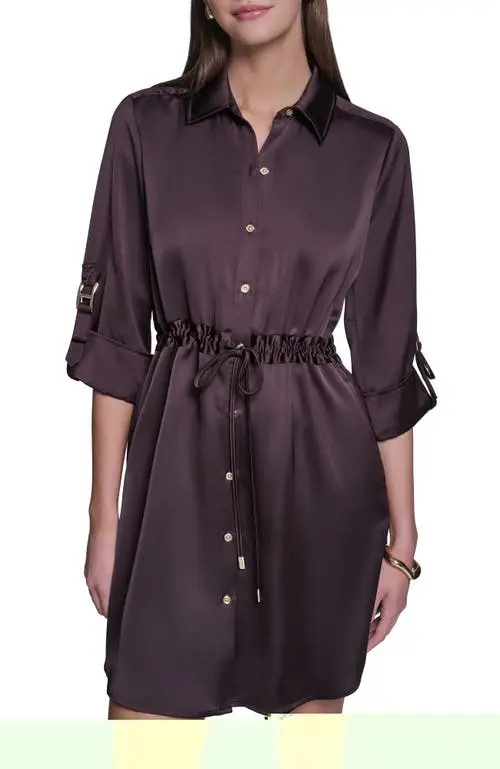 Halston 3/4 Sleeve Satin Shirt Dress - Rich Mocha
